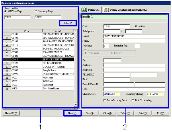 Register warehouse/process